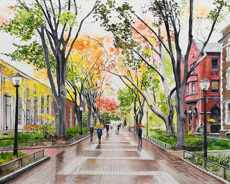 University of Pennsylvania Locust Walk. Philadelphia Watercolor Matted ...