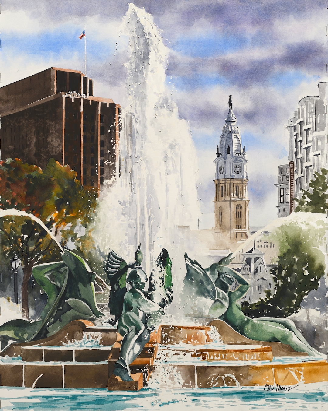Swann Fountain, Philadelphia Logan Circle. Matted Watercolor Print - Etsy