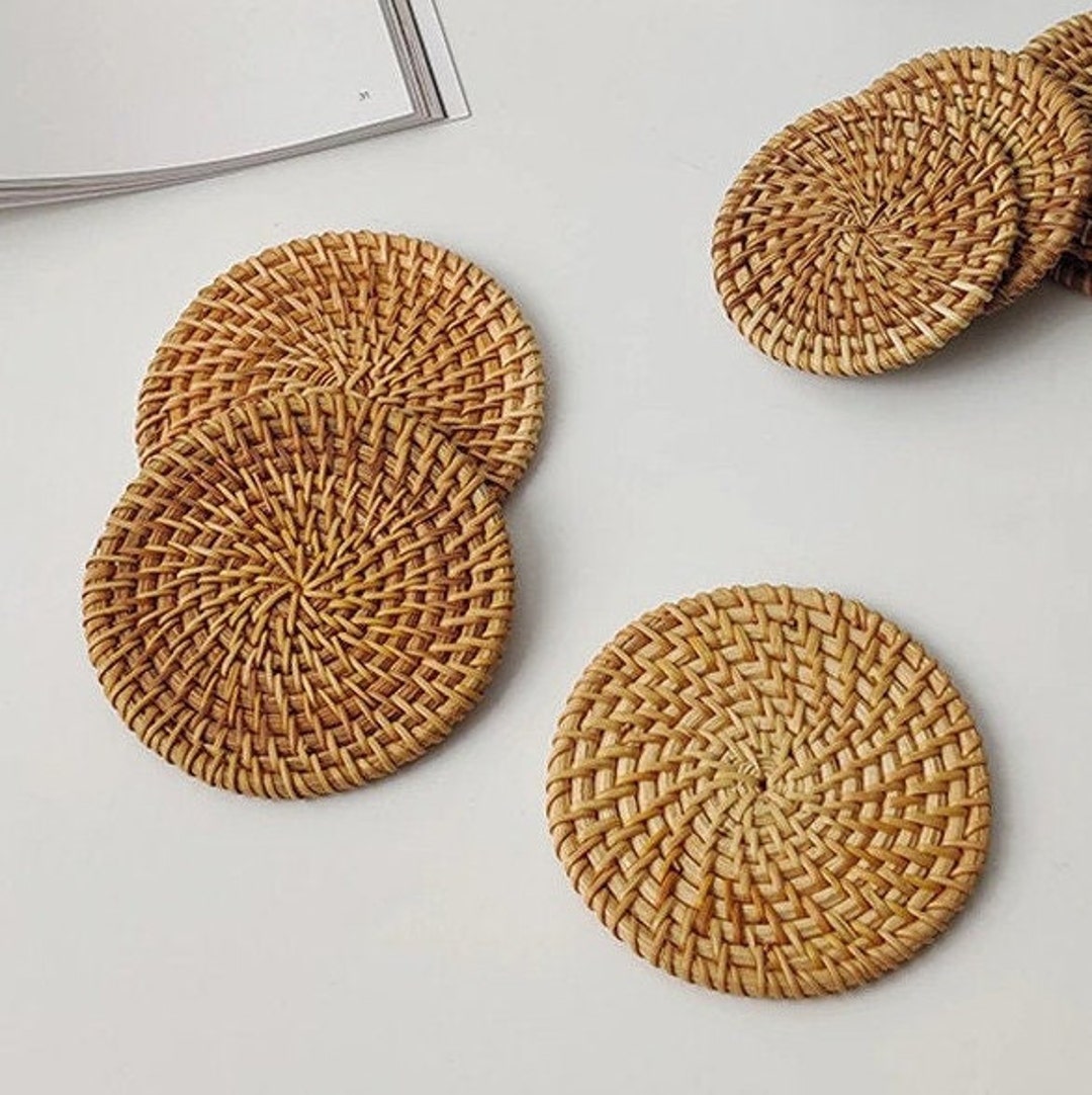 Rattan Coasters With Holder | Round Rattan Coasters | Natural Woven Mat ...