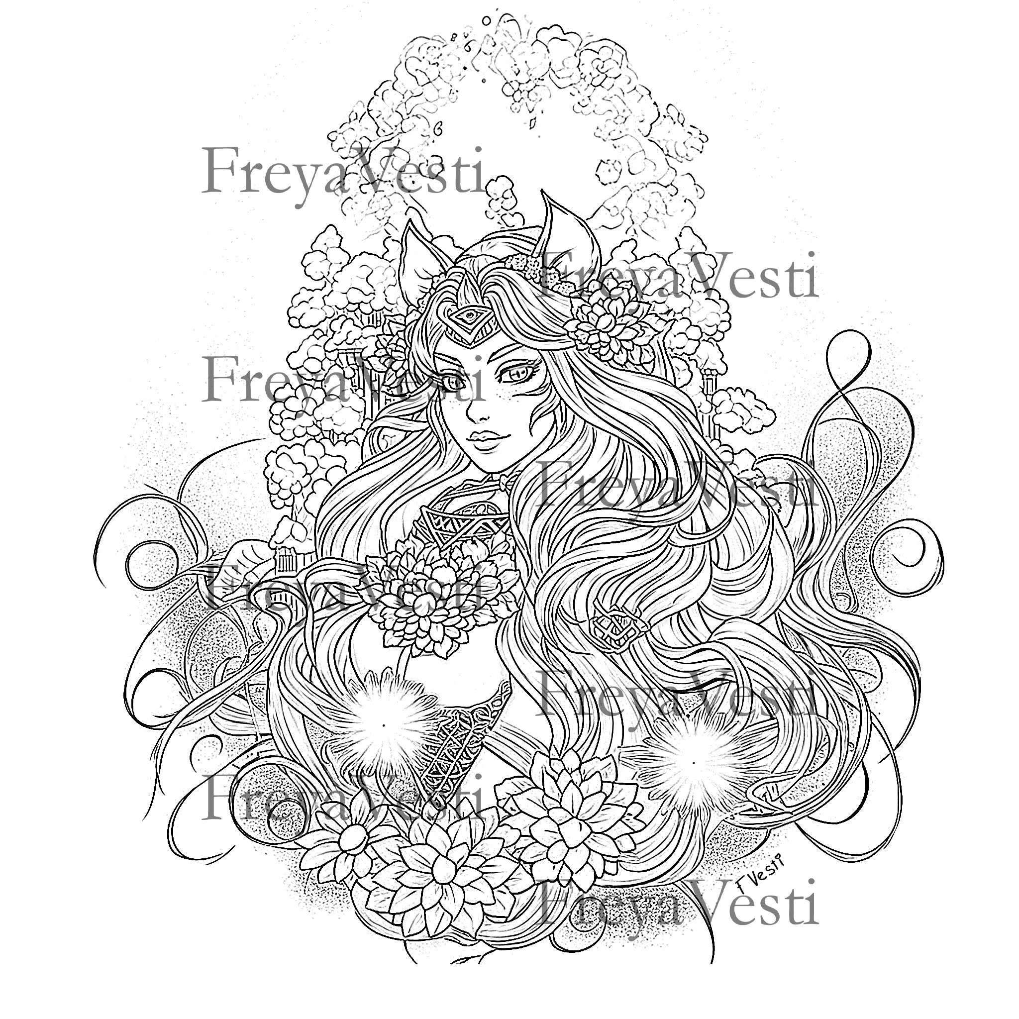 Magical Fox Girl Coloring Page Illustration Line Art (JPG and PDF ...