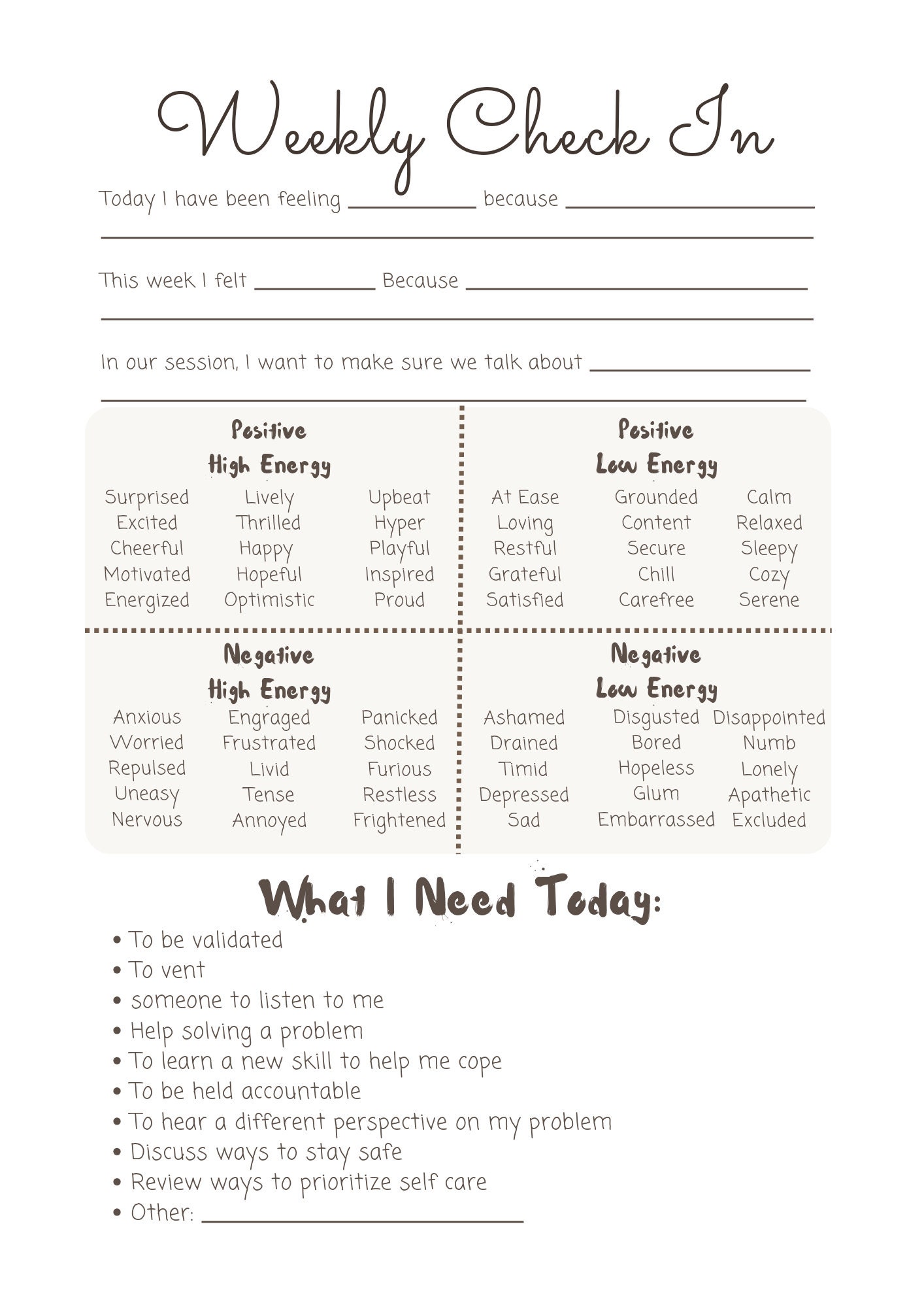 Counseling/therapy Check in Sheet - Etsy