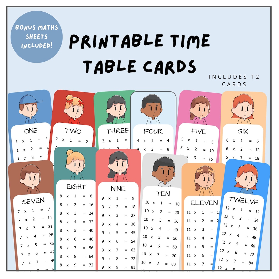 Learning Time Table, Multiplication Cards 1 - 12, Maths Flashcards ...