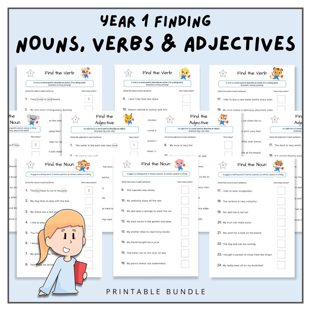 Year 1 Find the Nouns, Verbs & Adjective Worksheets, Parts of Speech ...