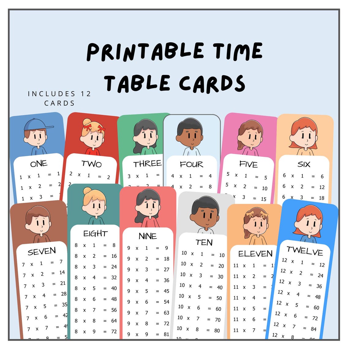 Kids Printable Time Table Cards, Multiplication Cards 1 to 12, Maths ...