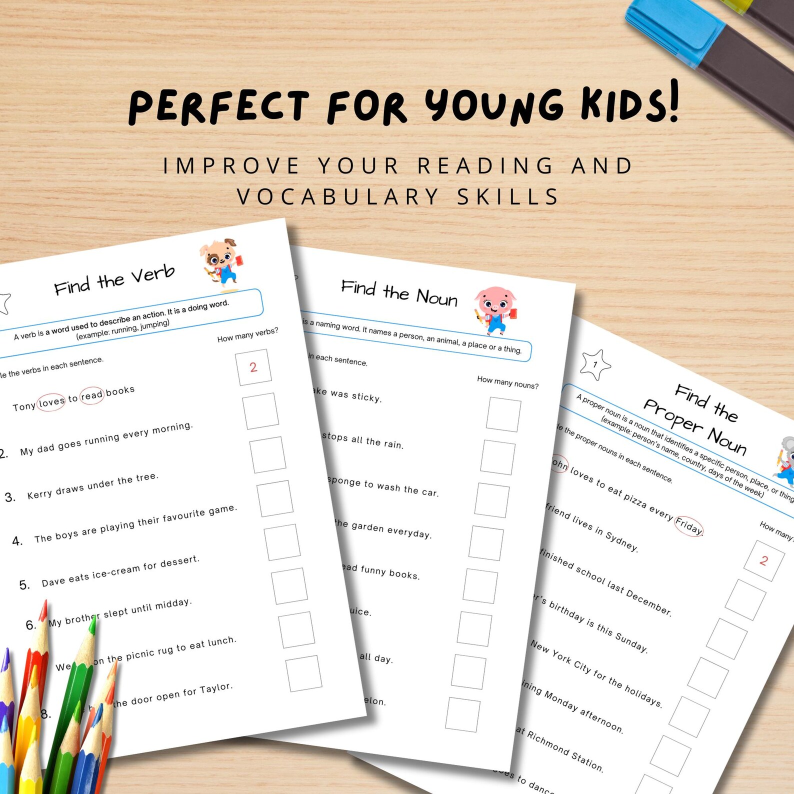 Year 1 Find the Nouns, Verbs & Adjective Worksheets, Parts of Speech ...