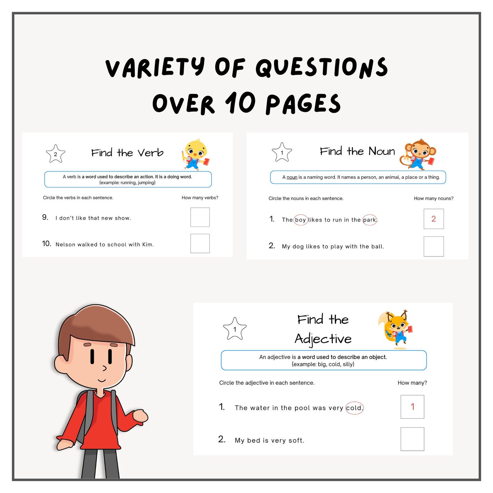 Year 1 Find the Nouns, Verbs & Adjective Worksheets, Parts of Speech ...