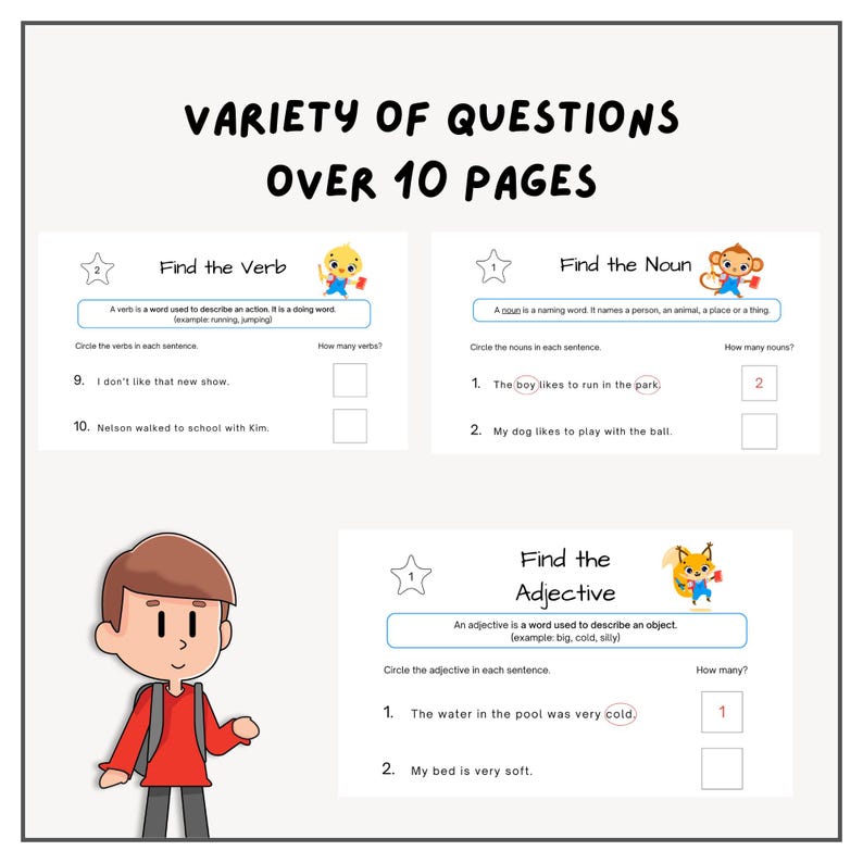 Year 1 Find the Nouns, Verbs & Adjective Worksheets, Parts of Speech ...