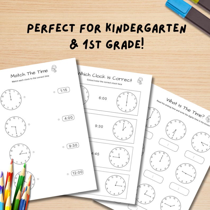 Telling Time Worksheet, Learn to Tell Time, Kindergarten and 1st Grade ...