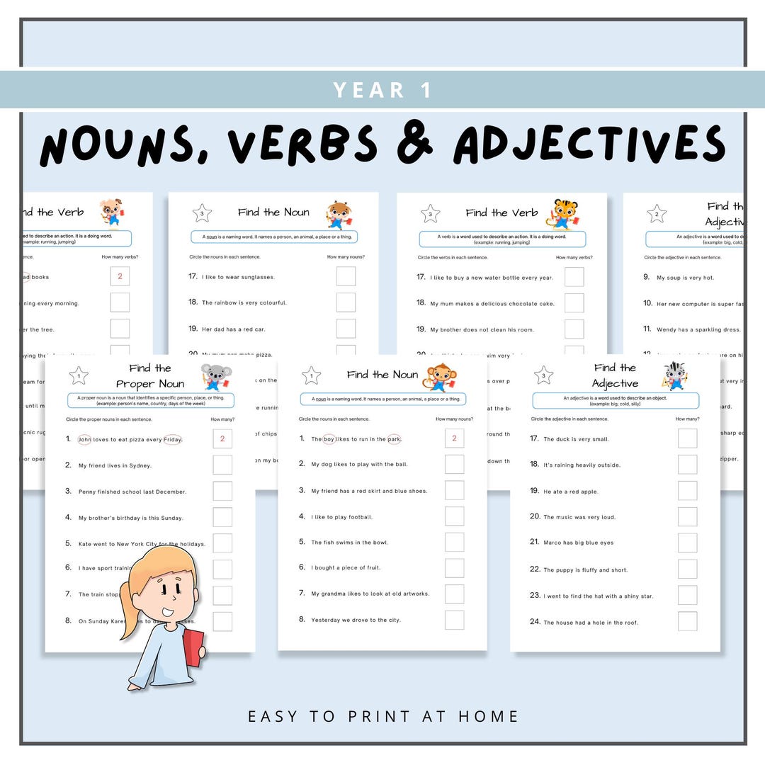 Year 1 Find the Nouns, Verbs & Adjective Worksheets, Parts of Speech ...