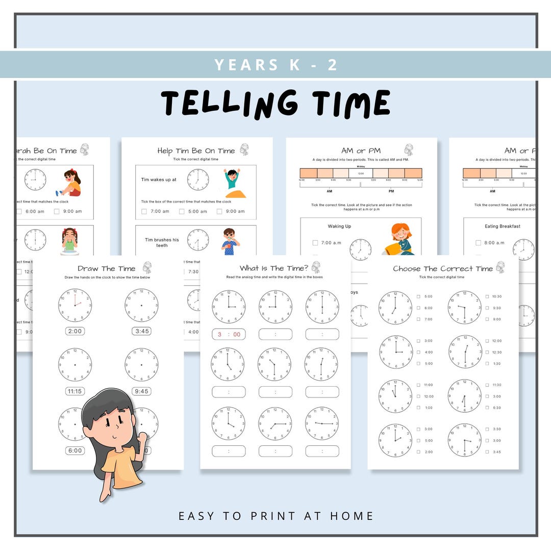 Telling Time Worksheet, Learn to Tell Time, Kindergarten and 1st Grade ...