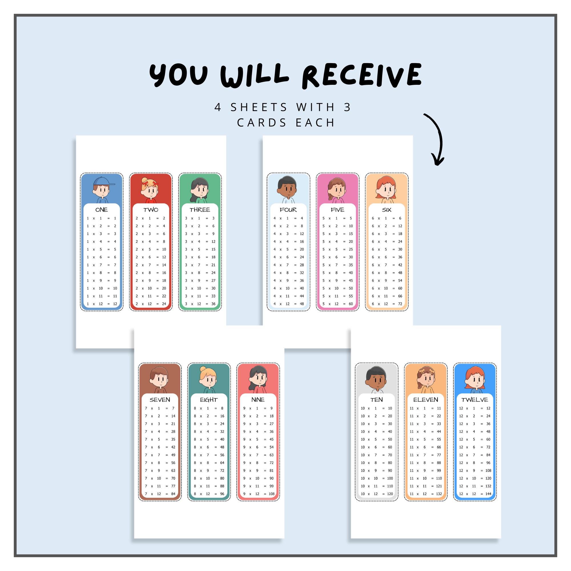 Kids Printable Time Table Cards, Multiplication Cards 1 to 12, Maths ...