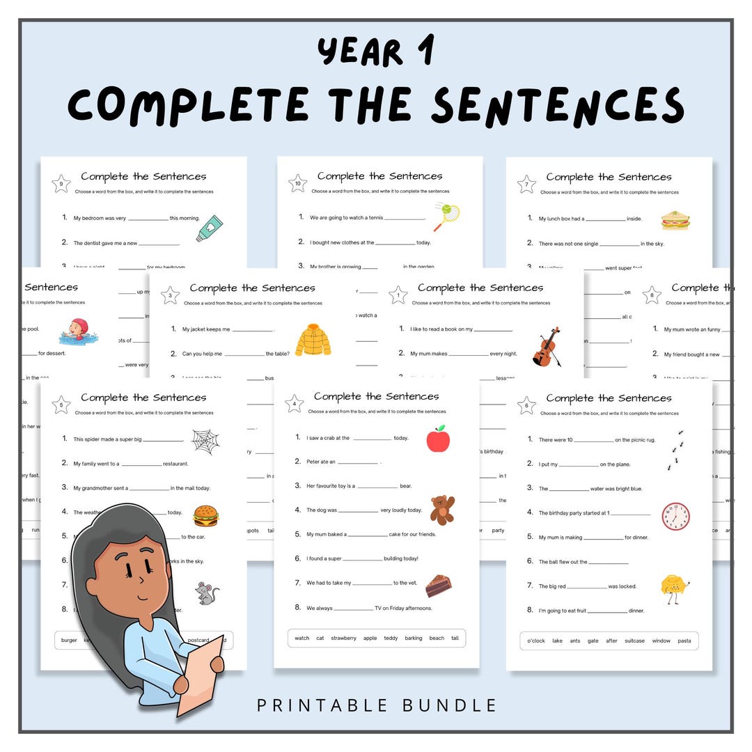 Year 1 Complete the Sentences Bundle, Grade 1 Literacy Worksheets ...