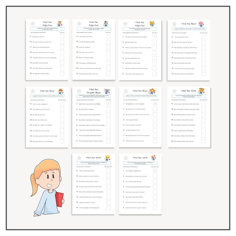 Year 1 Find the Nouns, Verbs & Adjective Worksheets, Parts of Speech ...