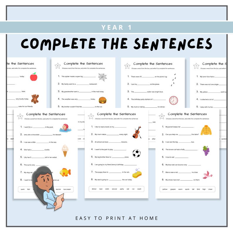 Year 1 Complete the Sentences Bundle, Grade 1 Literacy Worksheets ...