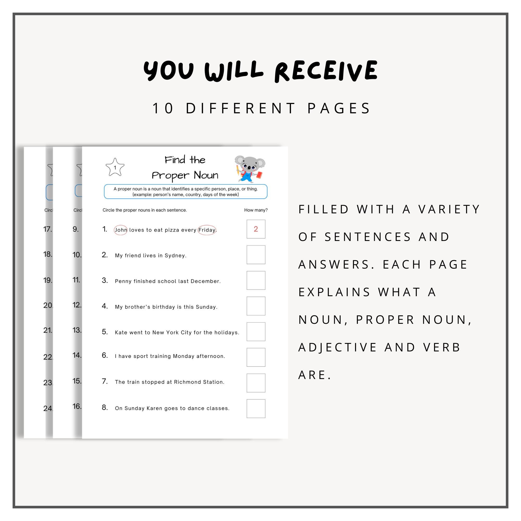 Year 1 Find the Nouns, Verbs & Adjective Worksheets, Parts of Speech ...