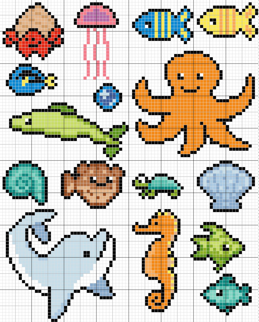 Easy Sea Creature Cross Stitch Pattern PDF | Sea Animals Cross Stitch ...