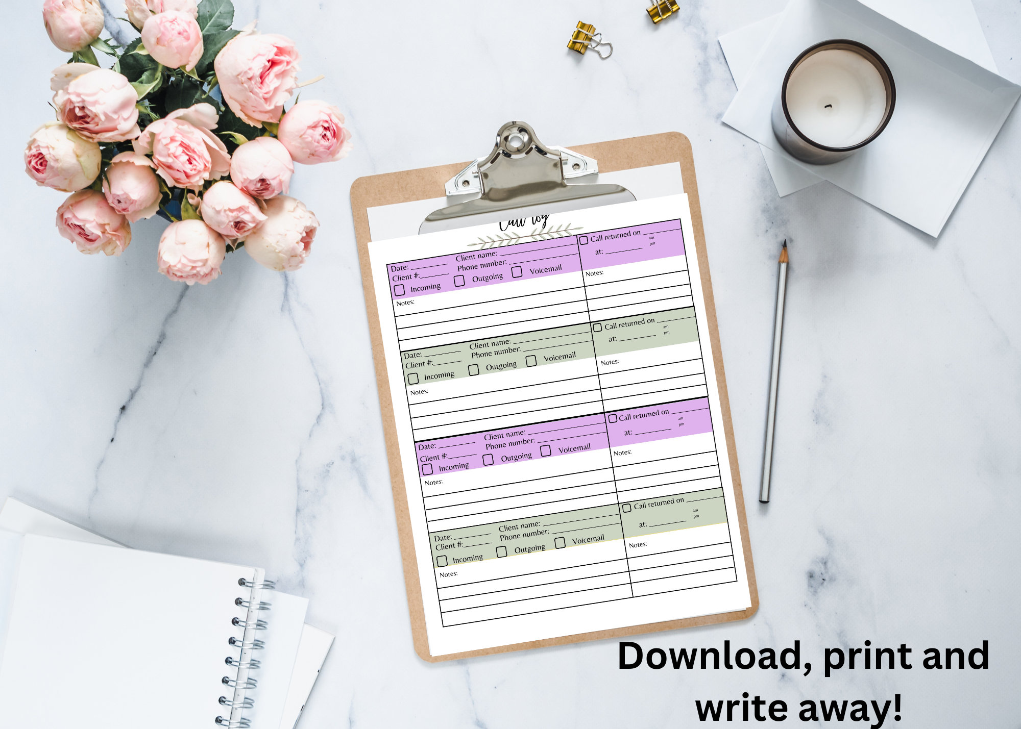 Printable Call Log, Client Tracker Log, Call Log Template ...