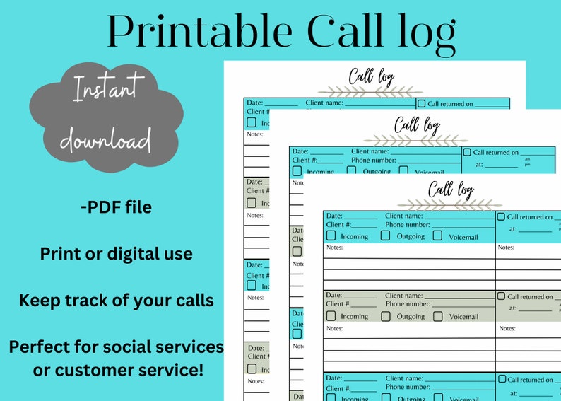 Digital Printable Communication Log, Daily Call Log, Missed Call Log ...
