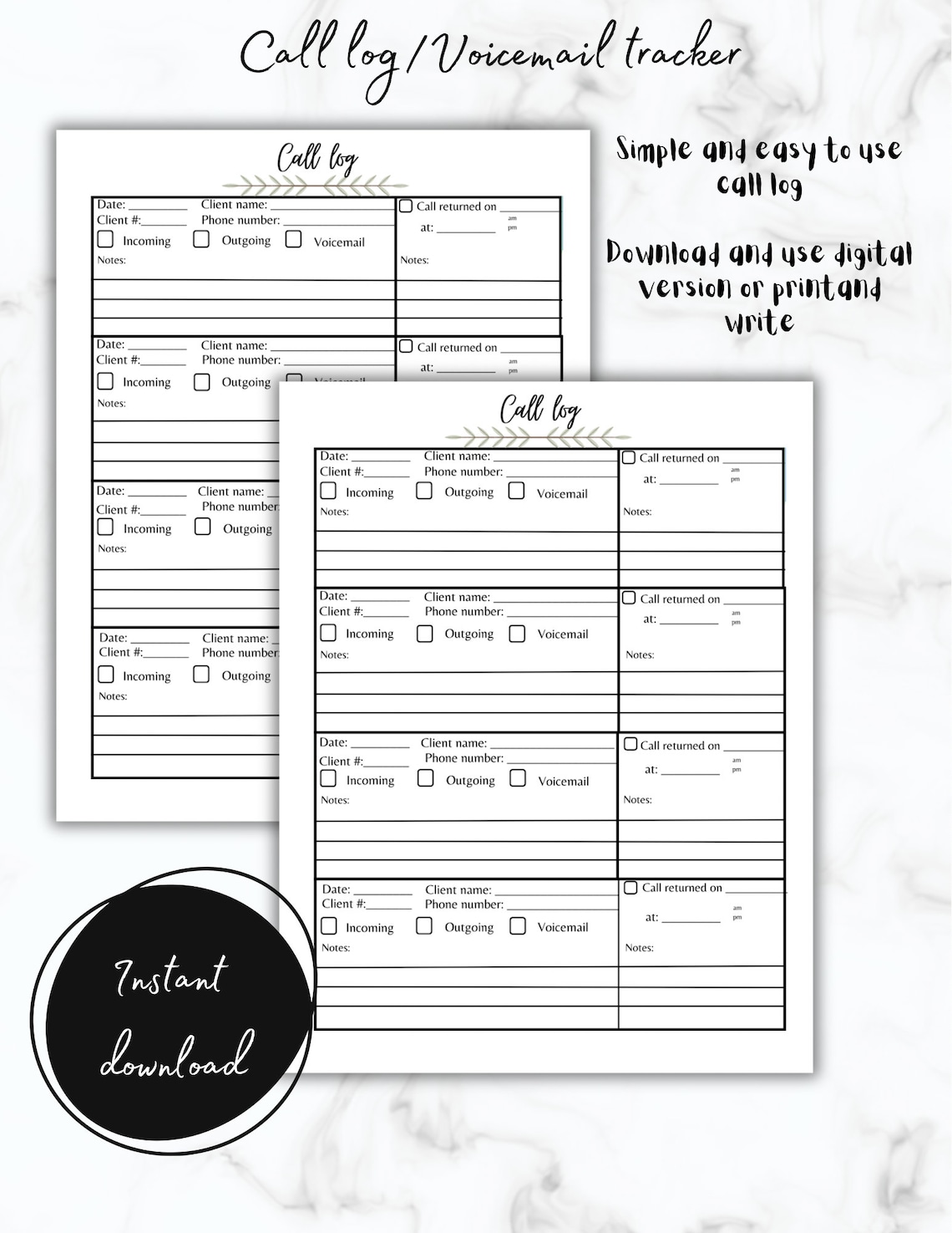 Printable Call Log, Client Tracker Log, Call Log Template, Conversation ...
