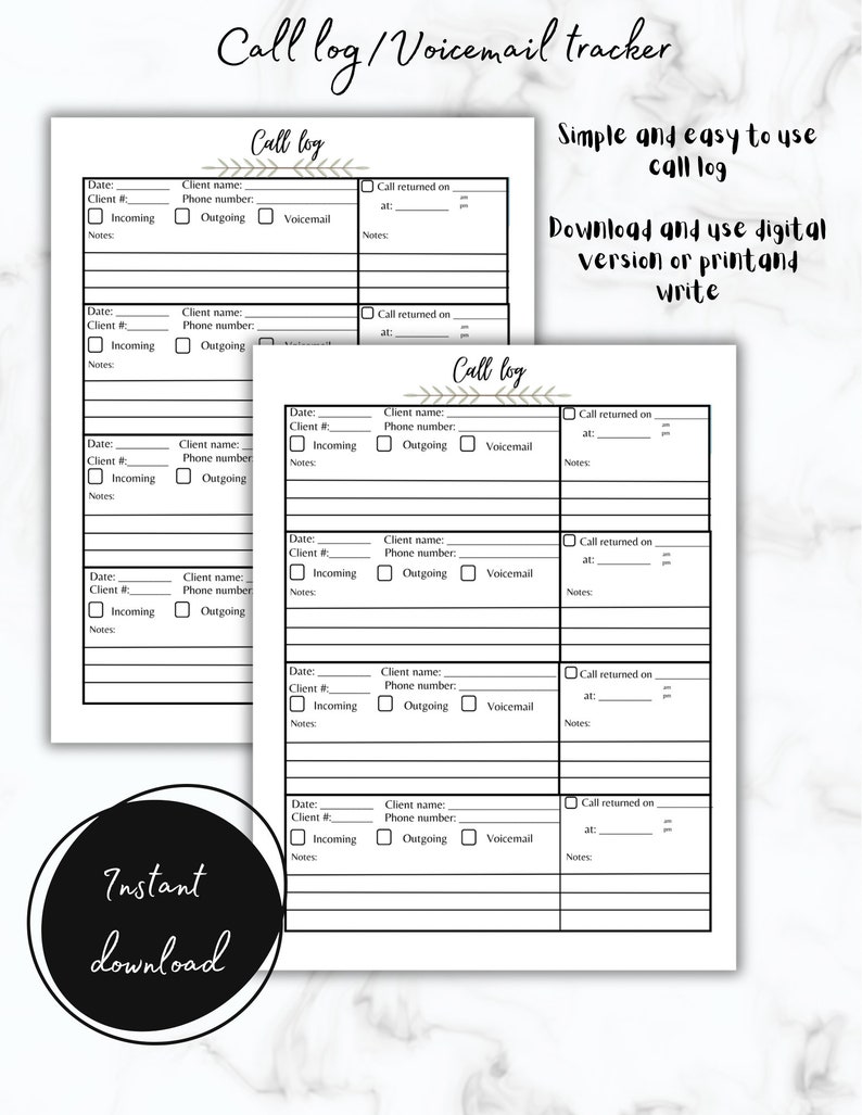 Printable Call Log, Client Tracker Log, Call Log Template, Conversation ...