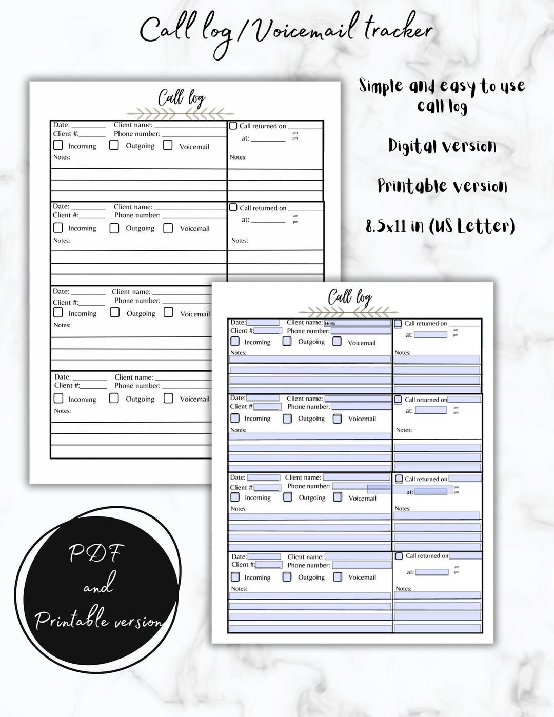 Fillable Printable Call Log, Client Tracker Log, Missed Call Log, Vm ...