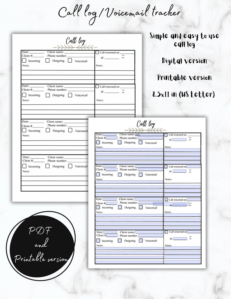 Fillable Printable Call Log, Client Tracker Log, Missed Call Log, Vm ...