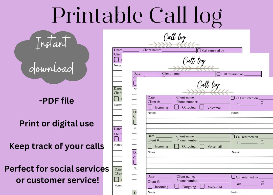 Printable Call Log, Client Tracker Log, Call Log Template ...