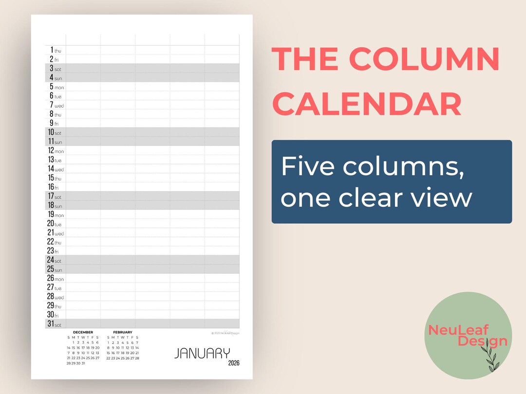 THE COLUMN CALENDAR – 2026 Printable Family Calendar, Monthly 5-column ...