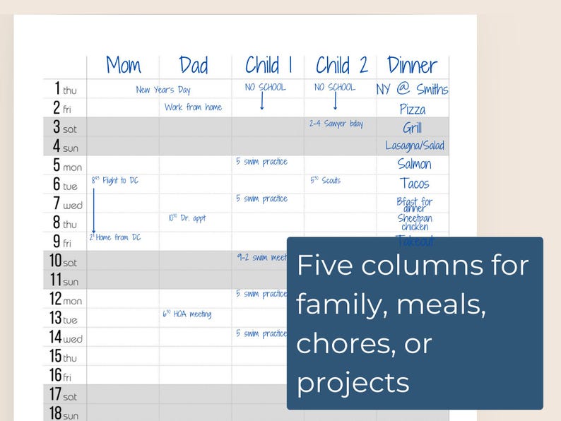 THE COLUMN CALENDAR – 2026 Printable Family Calendar, Monthly 5-column ...