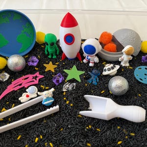 Outer Space Sensory Bin - Montessori Galaxy Play Kit | Planets, Rocket ...