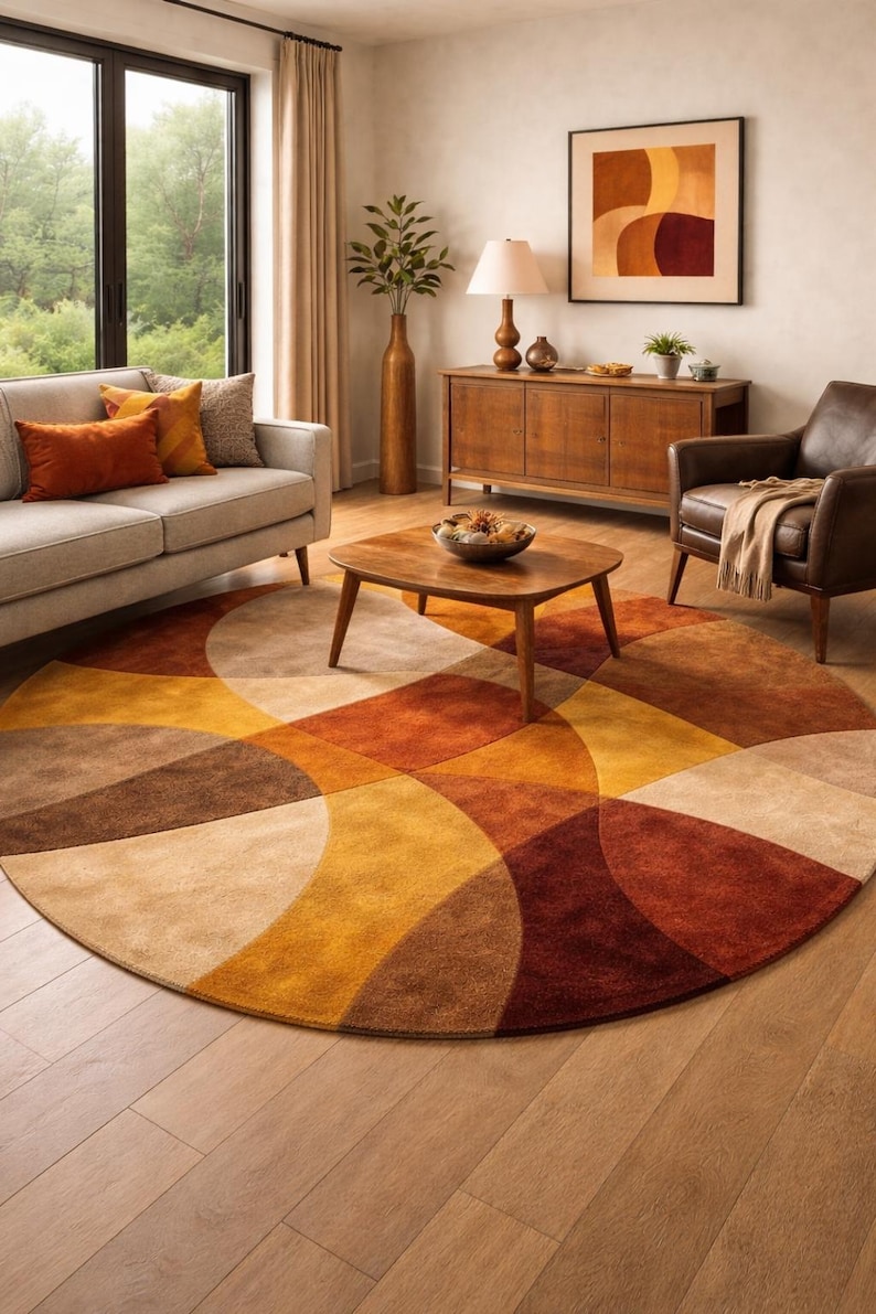 Warm Tone Abstract Circle Rug | Modern Geometric Round Carpet (6x6, 7x7 ...