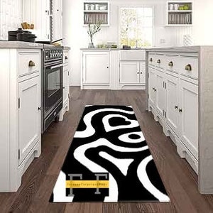 2x8 Black White Runner Rug. 2.5x12 Hand Tufted Wool Runner Rug. Kitchen ...