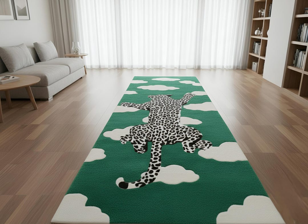 Green Leopard Runner Rug With White Clouds - Modern Cheetah Print ...