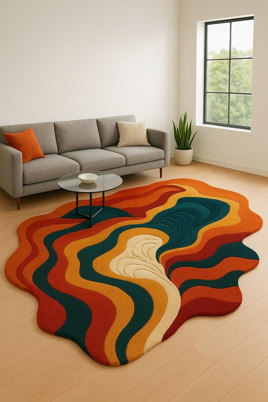 70s Retro Bohemian Decor | Sculpted Wavy Rug | Colorful Irregular ...