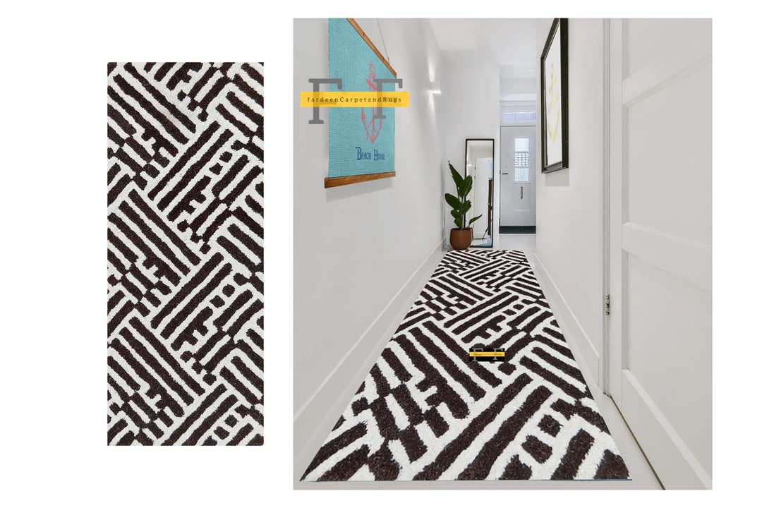 2x8 Black White Runner Rug. 2.5x12 Hand Tufted Wool Runner Rug. Kitchen ...
