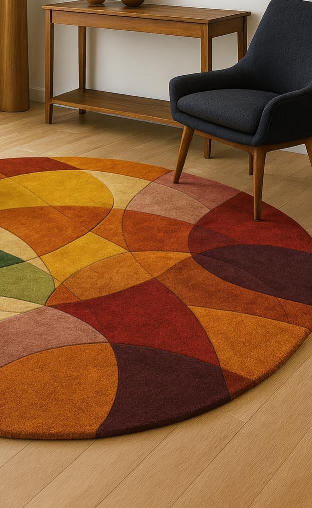 Warm Tones Round Abstract Rug | Modern Geometric Design for Living Room ...
