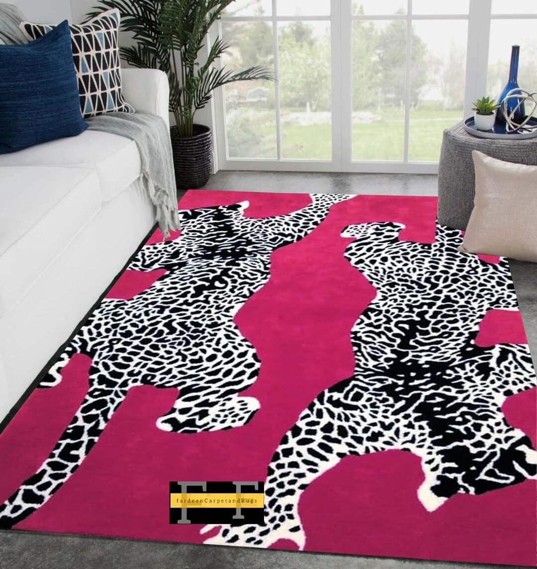 New Pink Leopard '5x8' '6x9' '8x10' Hand Tuft Handmade Wool Rug Cheetah ...