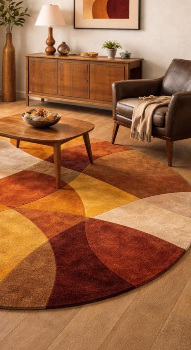 Warm Tone Abstract Circle Rug | Modern Geometric Round Carpet (6x6, 7x7 ...