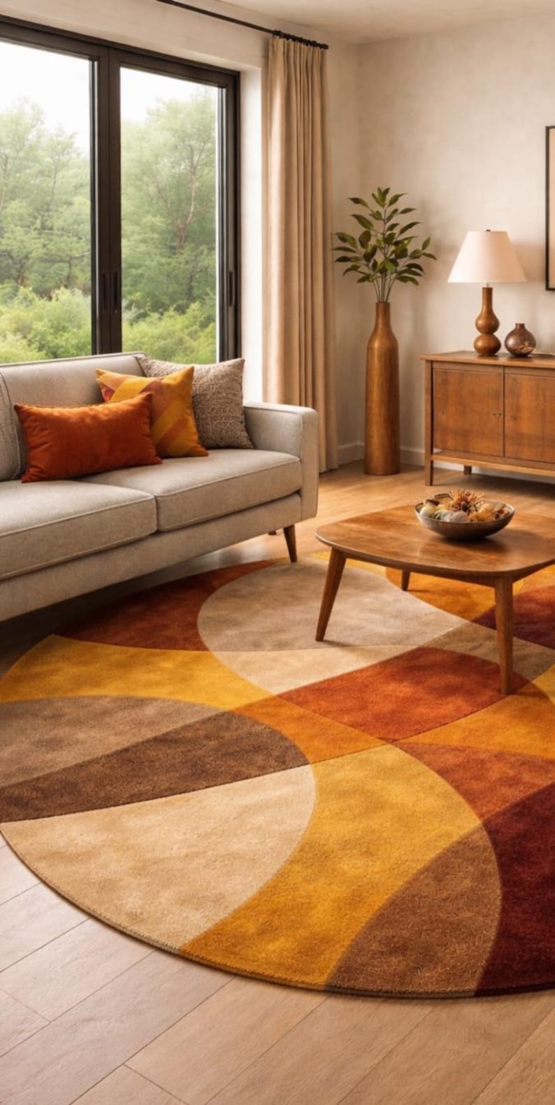 Warm Tone Abstract Circle Rug | Modern Geometric Round Carpet (6x6, 7x7 ...