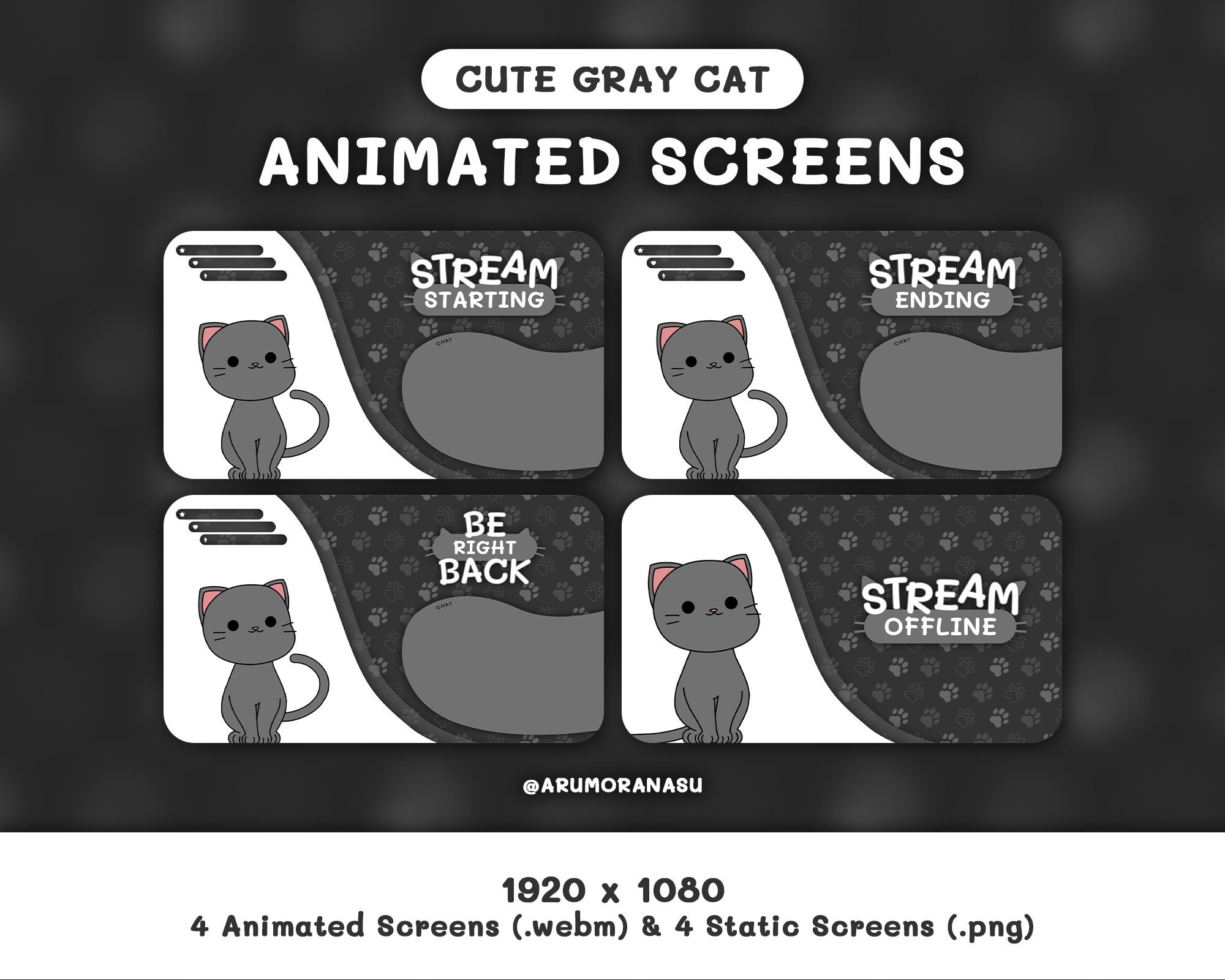 Gray Cat Animated Stream Screens: Twitch - Etsy