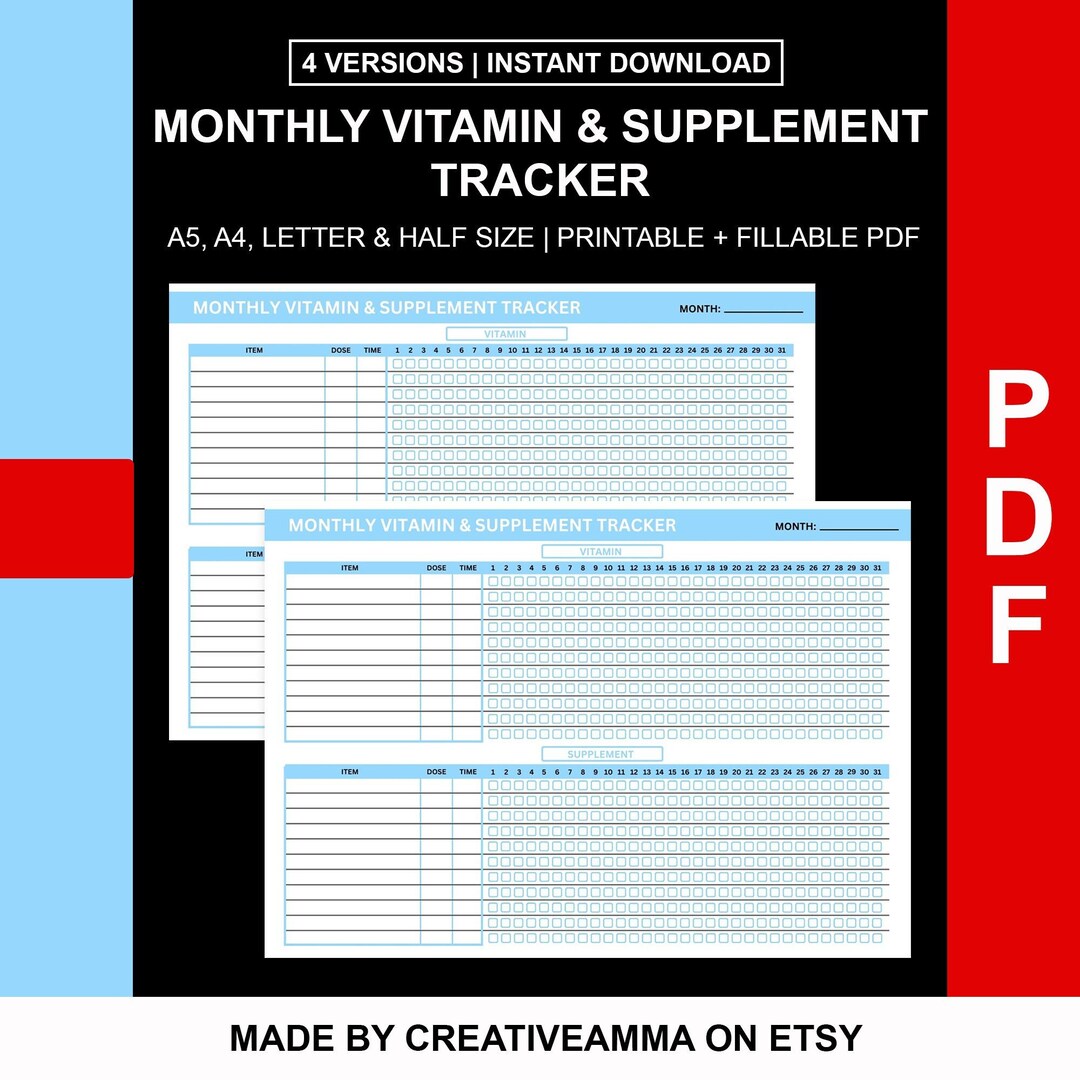 Monthly Vitamin Tracker Printable Landscape, Supplement Checklist ...