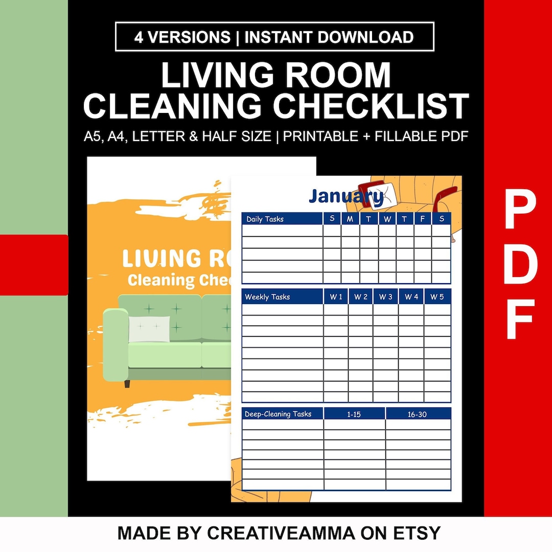 Living Room Cleaning Checklist,cleaning Checklist,undated Planner ...