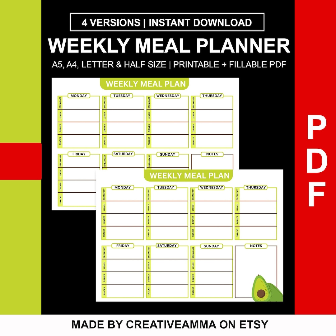 Printable Weekly Meal Planner Landscape, Food Diary, Meal Tracker, Food ...