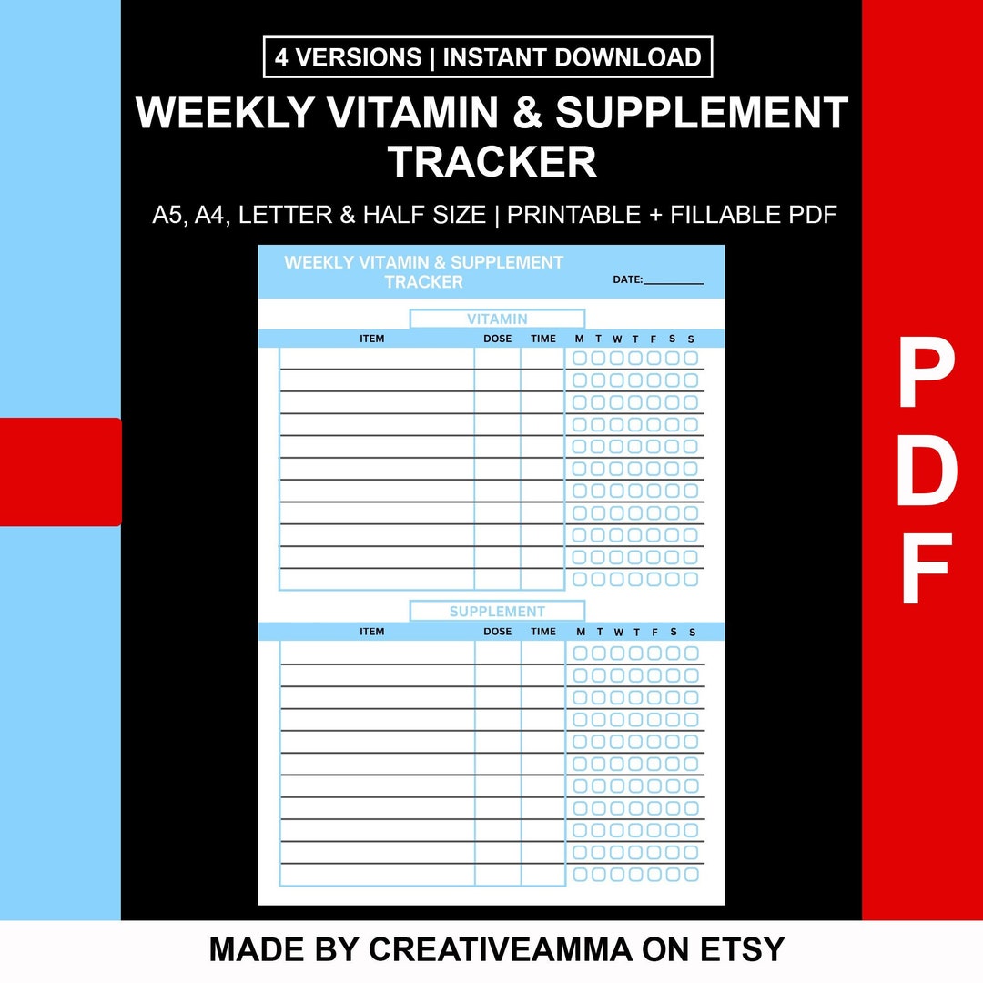 Weekly Vitamin Tracker Printable, Supplement Checklist, Daily Vitamin ...