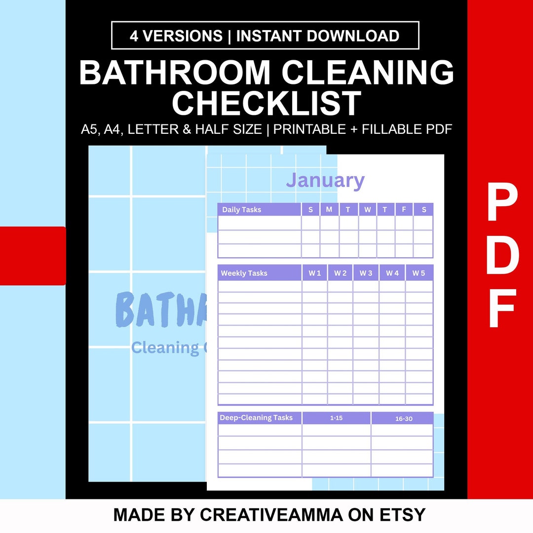 Bathroom Cleaning Checklist, Full Year, Undated Planner, Bathroom ...