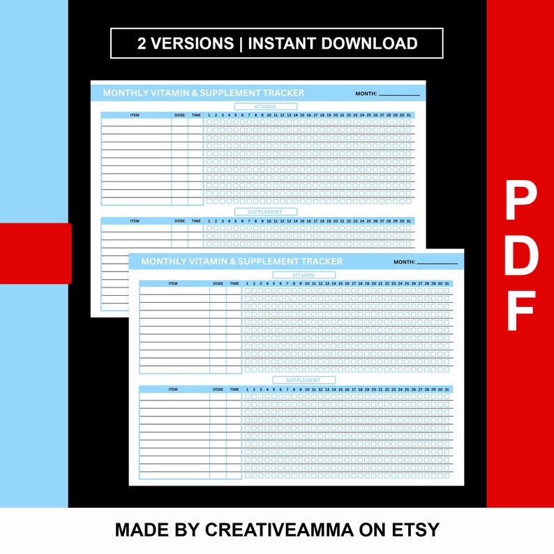 Monthly Vitamin Tracker Printable Landscape, Supplement Checklist ...