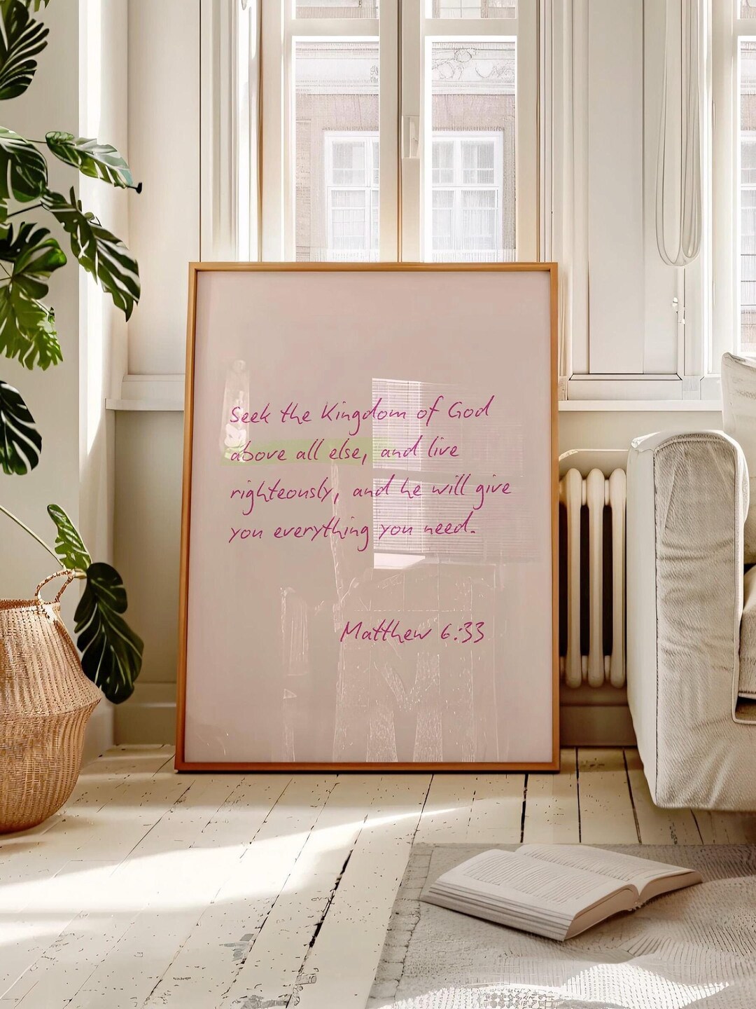 Matthew 6:33 Christian Wall Art Pink Trendy Retro Bible Verse Printable ...
