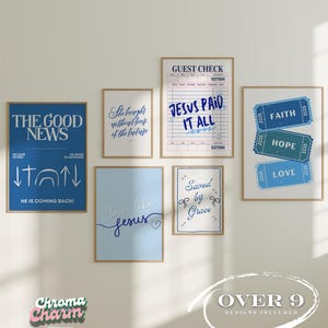 Christian Blue Wall Art Set Trendy Retro Bible Verse Printable Poster ...