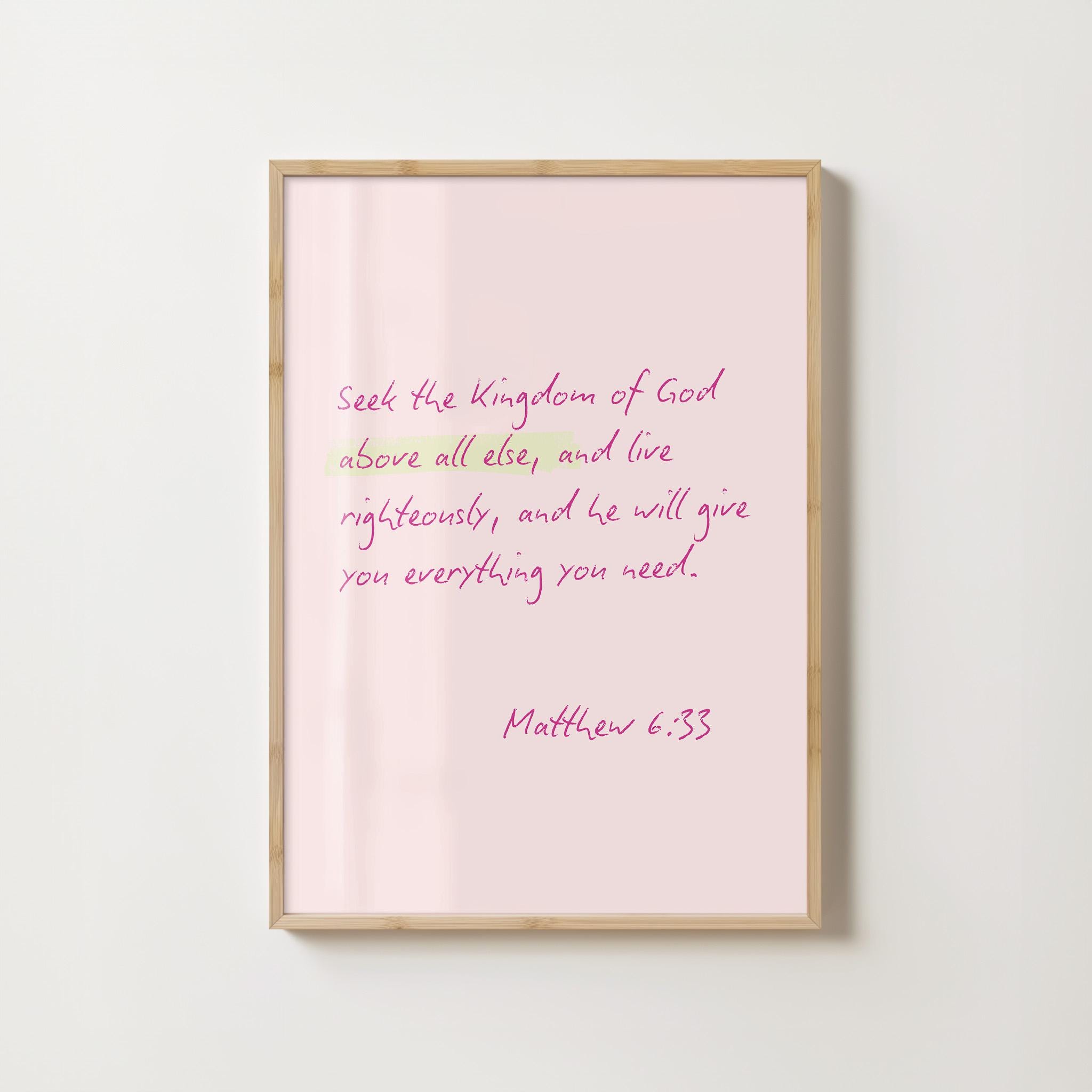 Matthew 6:33 Christian Wall Art Pink Trendy Retro Bible Verse Printable ...