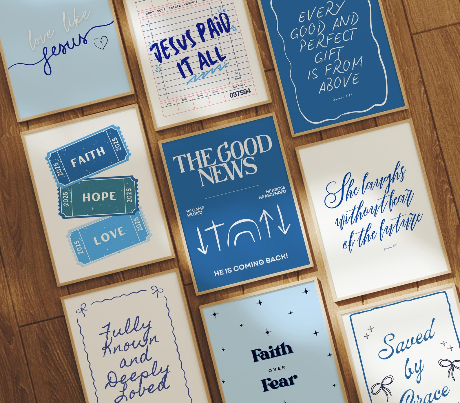 Christian Blue Wall Art Set Trendy Retro Bible Verse Printable Poster ...